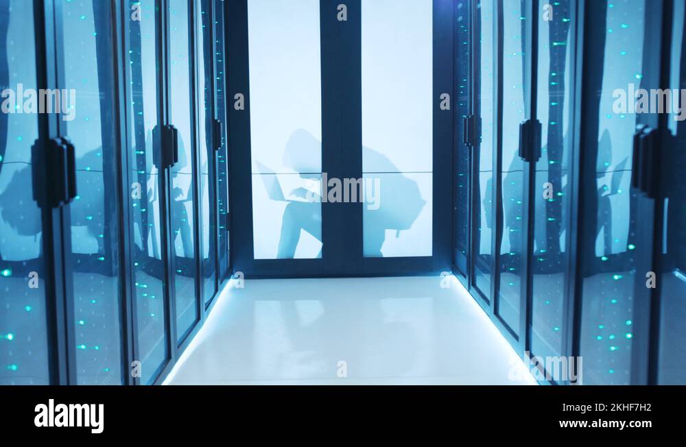 Walkthrough of data center digital room. Behind door anonymous hacker ...