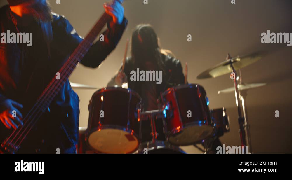 Rock duet performing. Professional guitarist and drummer rocking the ...