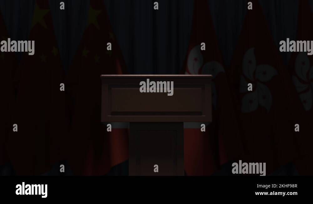 Flags of China and Hong Kong and speaker podium tribune. Political ...