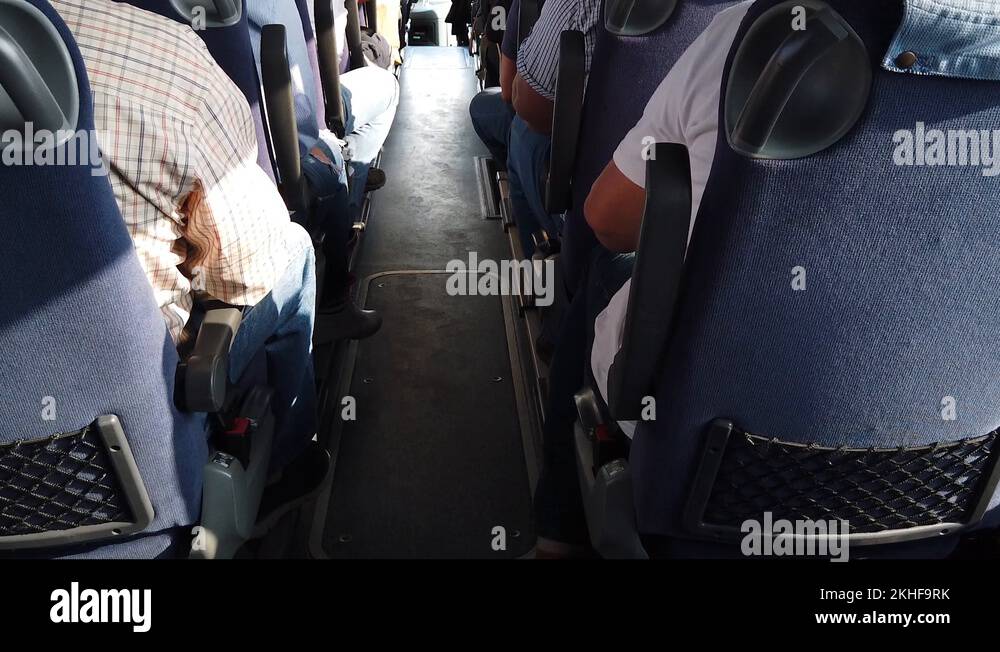 Tourist bus. Point of view, first perspective from the rear seat ...