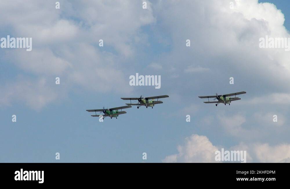 Three Soviet multi-purpose aircraft An-2 (NATO: Colt) perform group ...