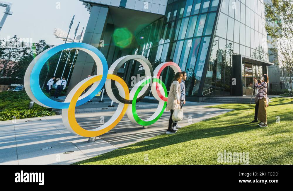 8K time-lapse of people visit Olympic symbol logo at Japan Olympic ...