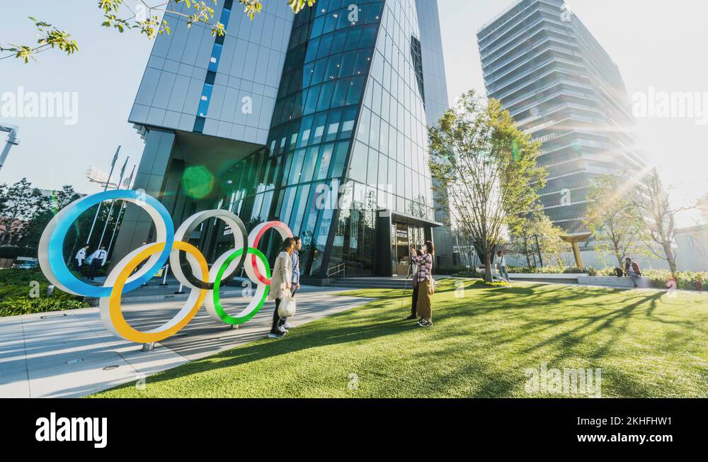 8K time-lapse of people visit Olympic symbol logo at Japan Olympic ...