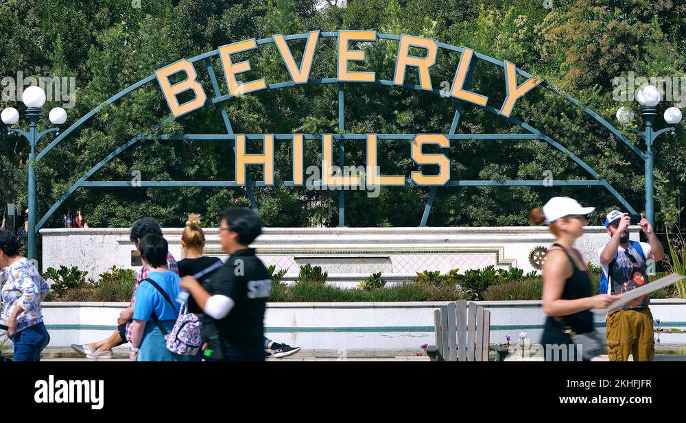 Tourists visiting famous Beverly Hills Sign landmark in Los Angeles, 4K ...