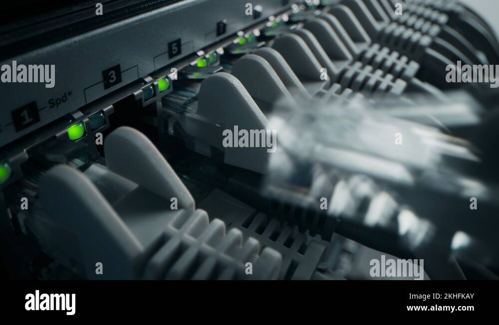 Macro Shot: Person Plugs in RJ45 Internet Connector into LAN Router ...