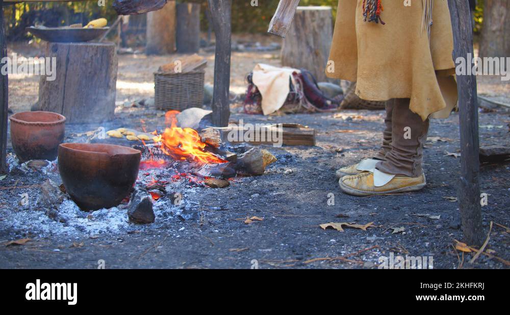 Native American Actress Tending to Fire, Reenactment Stock Video ...