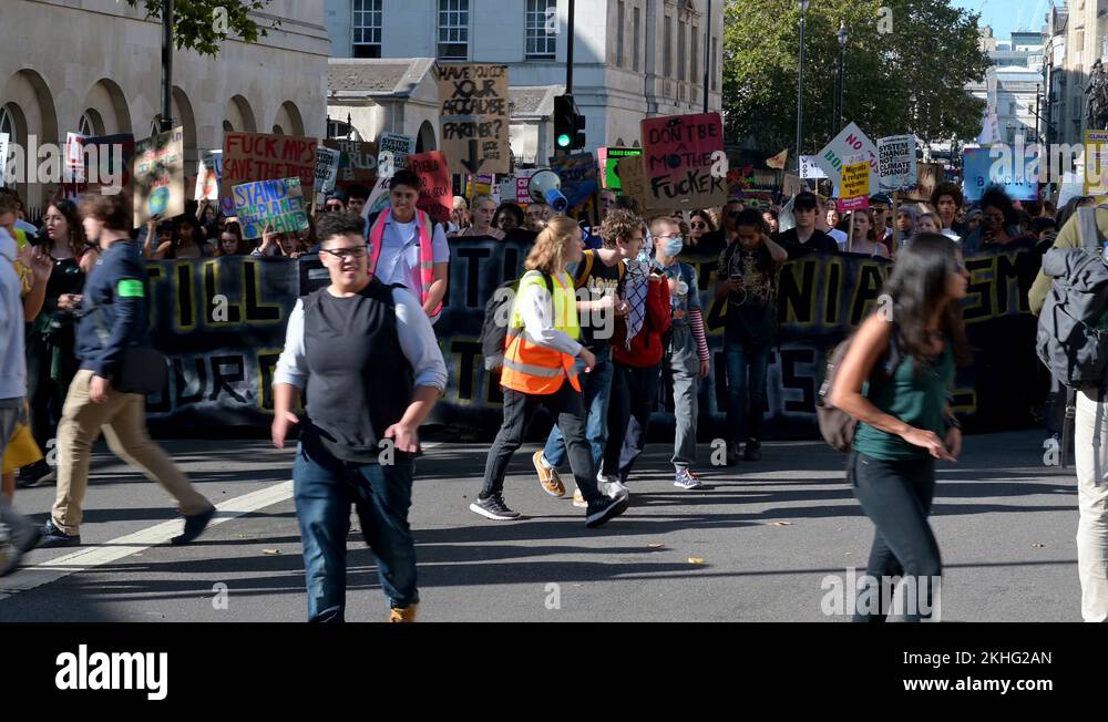 The front of an Extinction Rebellion march outside Horse Guards Parade ...
