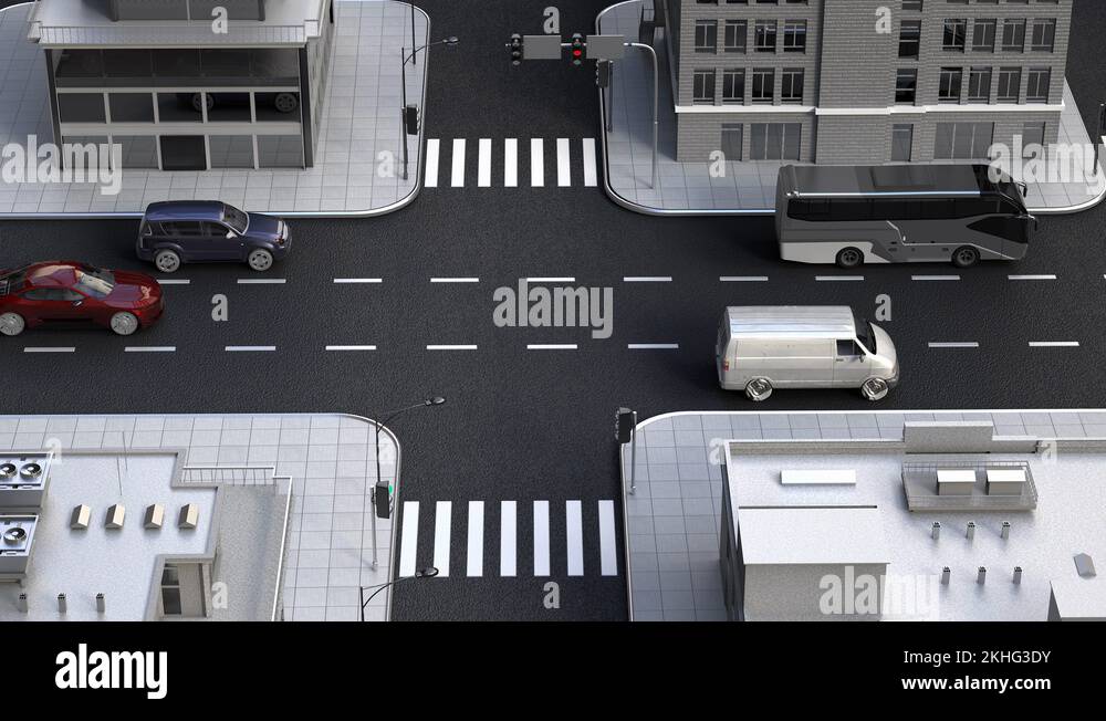 Cars crossing the Smart City intersection. hexagon icon of '5G' on ...