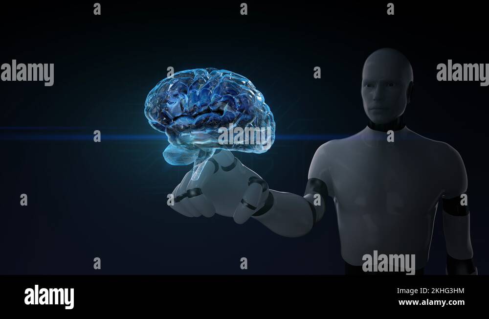Robot touches the brain, AI CPU appears. Artificial intelligence. 4k.3 ...