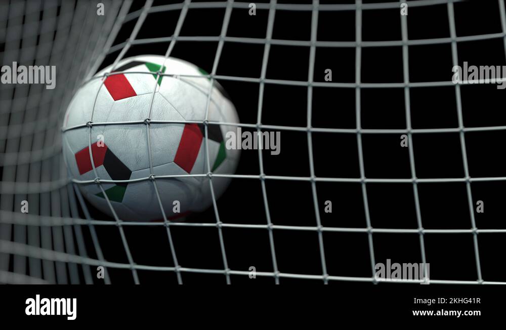 Ball with flags of Kuwait in goal against black background. Conceptual ...