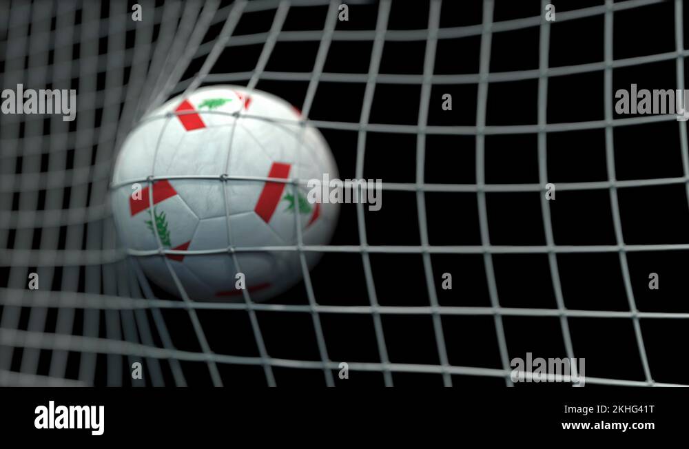 Ball with flags of Lebanon in goal against black background. Conceptual ...