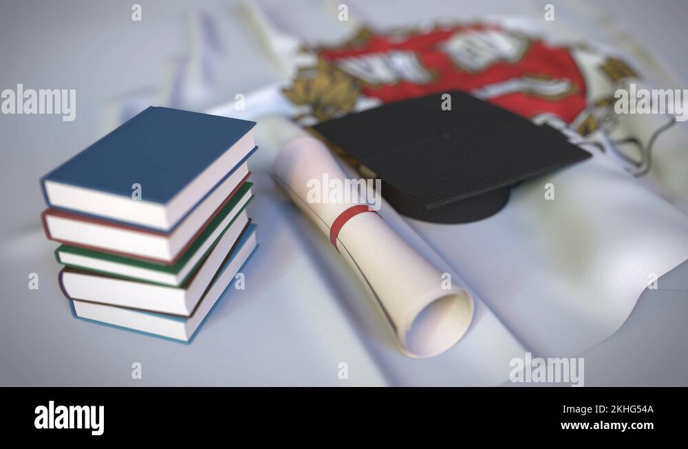Graduation cap and diploma on the flag with coat of arms of Harvard ...