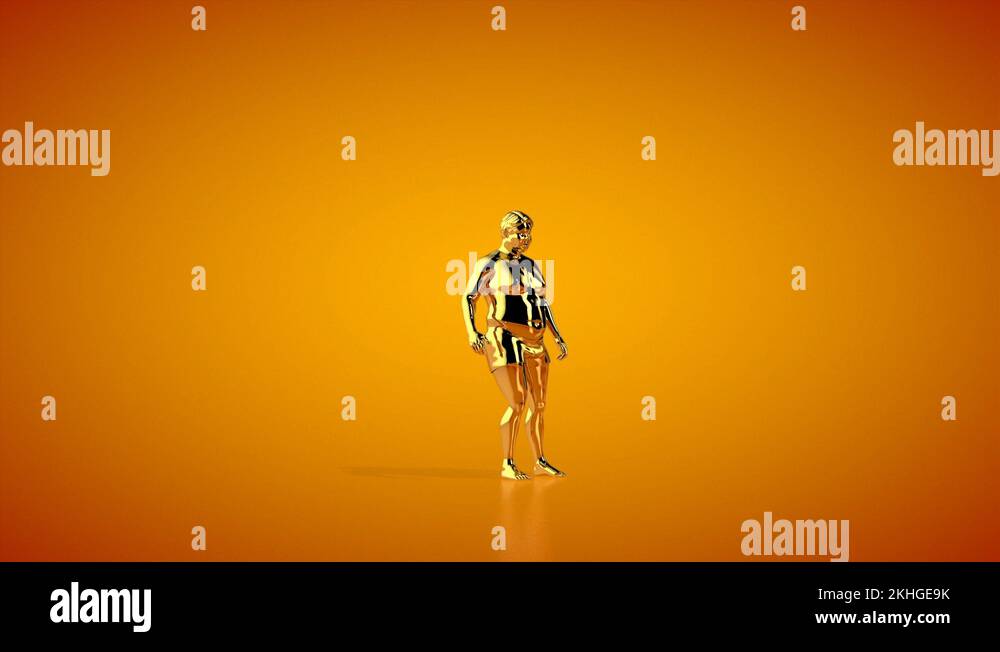 Golden fat man morphing into muscular fit camera rotating orange studio ...