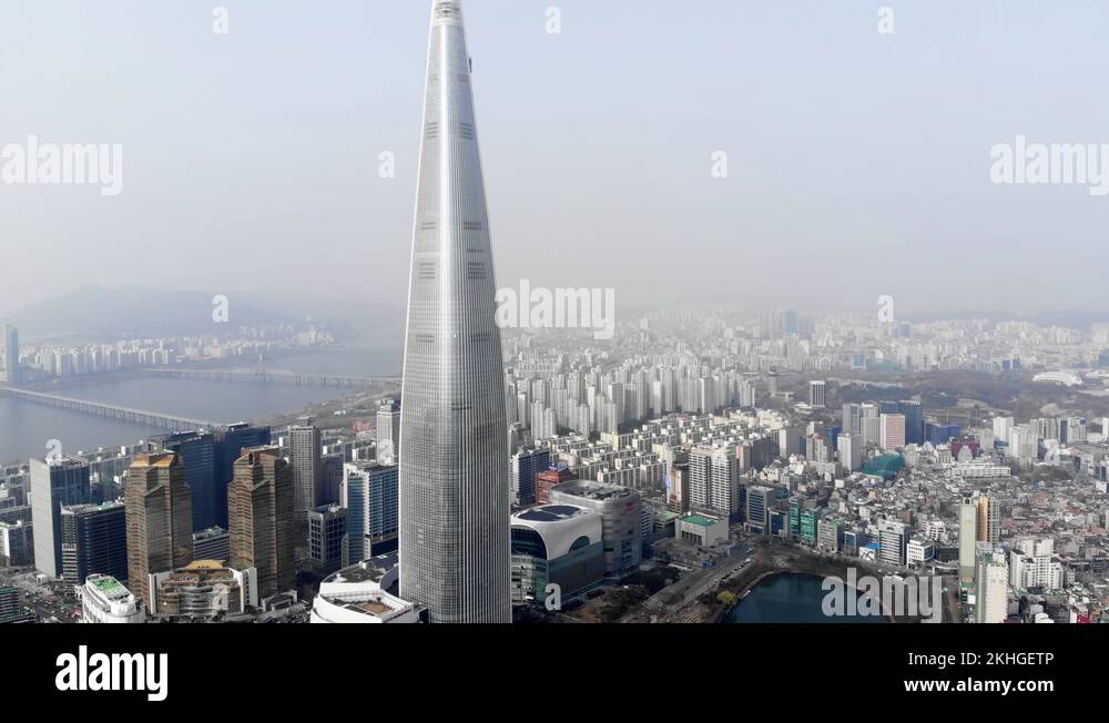 Lotte World Tower, tallest building of Seoul city, aerial shot Stock ...