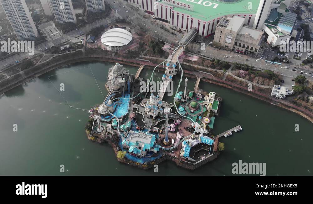 Lotte World Magic Island aerial shot, amusement park in middle of lake ...