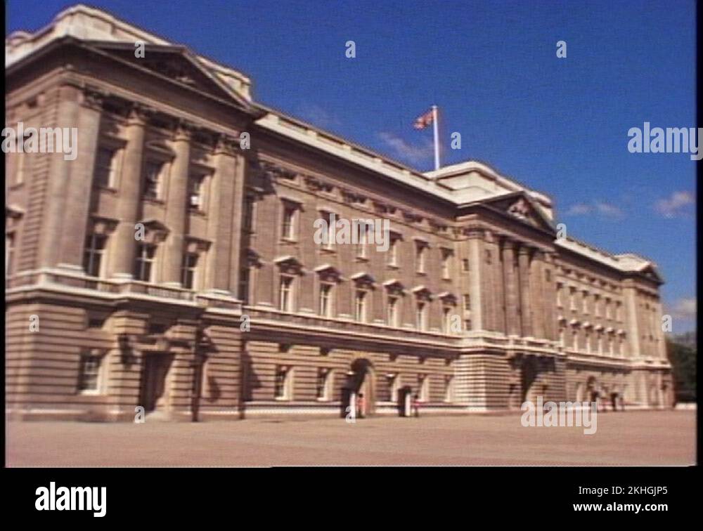 LONDON, ENGLAND, 1976, Buckingham Palace, front view, wide shot, no ...