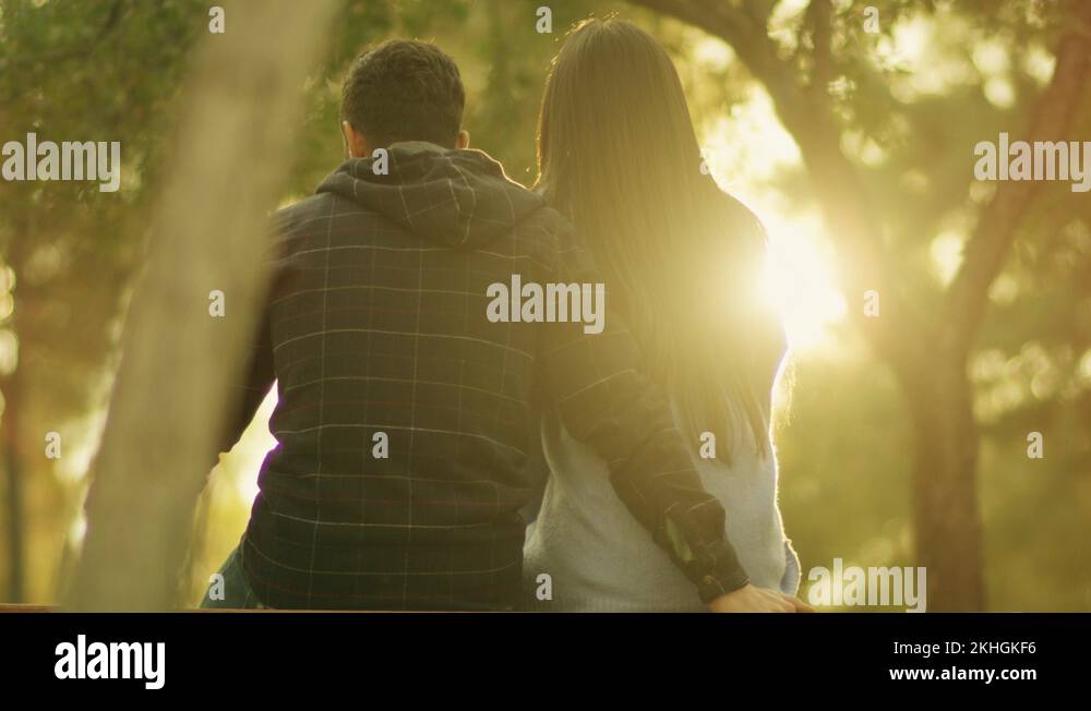 Back view of happy lovely couple sitting in bench and hugging each ...