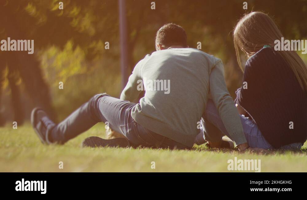 Back view of lovely romantic couple sitting on lawn and hugging each ...