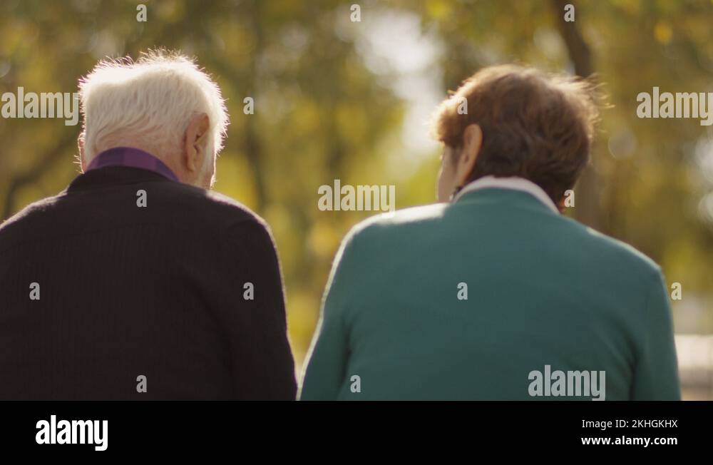 Back view of happy caucasian old couple sitting in bench and hugging ...
