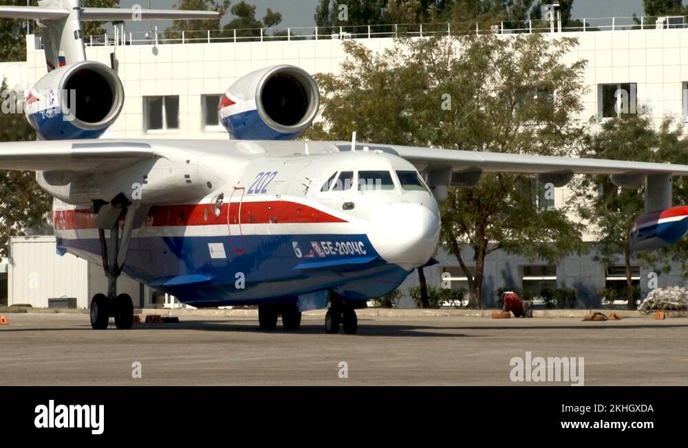Be-200ES multi-purpose amphibious aircraft slowly moves from parking ...