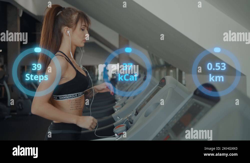 3d animation motion graphic charts of steps kcal km woman running on a ...