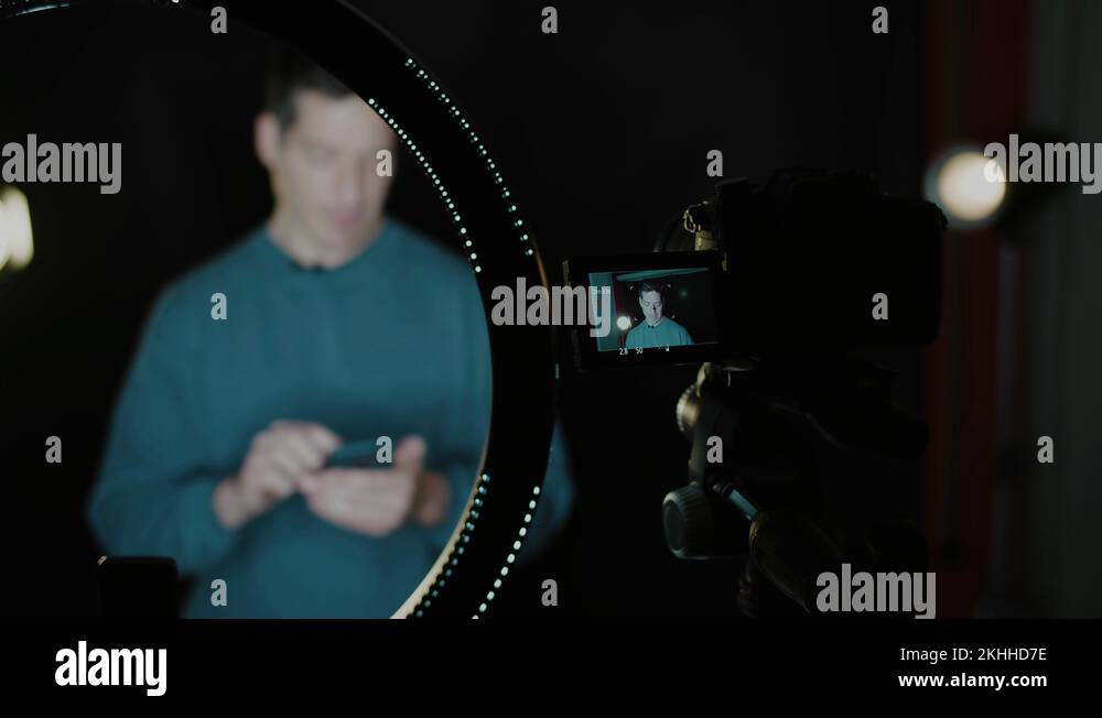 Male Social Media Channel Influencer Filming episode at home studio ...