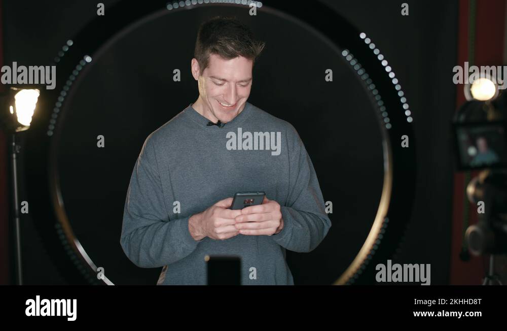 Male Social Media Channel Influencer Filming episode at home studio ...