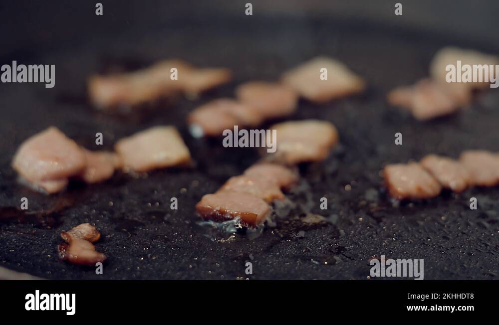 Frying Bacon On Pan.Crispy Bacon Strips Fried.Meat For English ...
