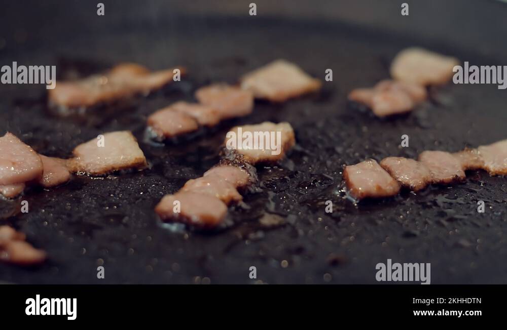 Frying Bacon On Pan.Crispy Bacon Strips Fried.Meat For English ...