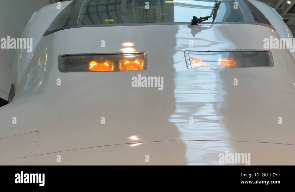 Closer look of the bullet train inside the building in Tokyo Japan ...