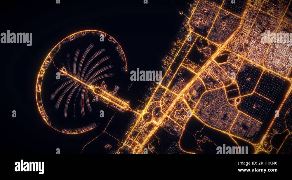 Aerial night view of city of Dubai, UAE. Traffic and street light glow ...