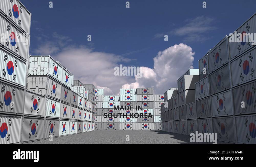 Cargo containers with MADE IN SOUTH KOREA text and national flags ...