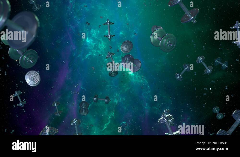 Dumbbells forming an asteroid belt fly over a detailed fantastic space ...