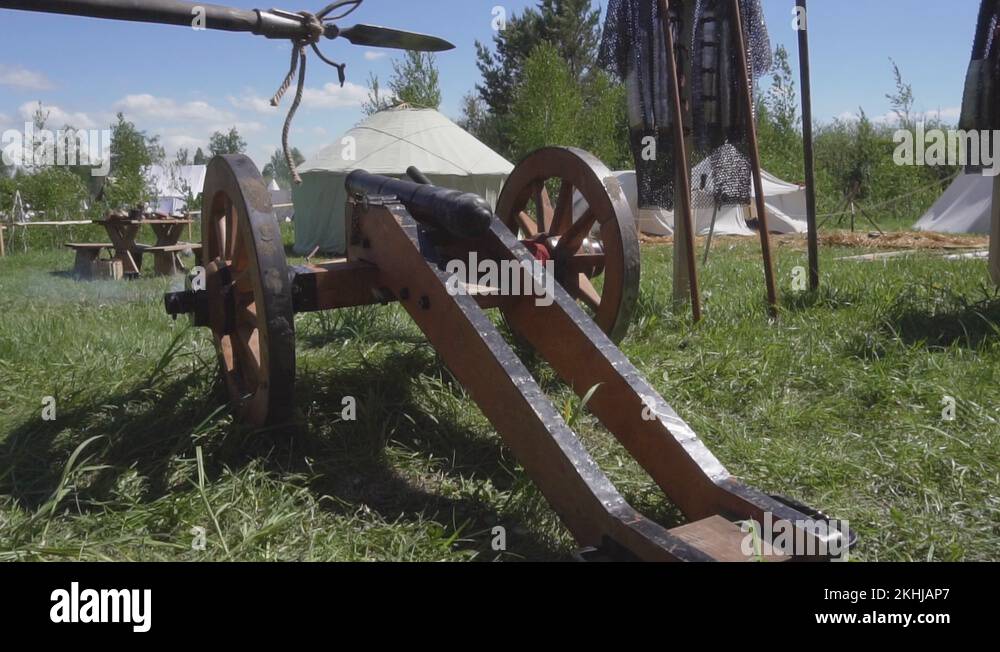 Realistic real medieval cannon shooting in the open air Stock Video ...