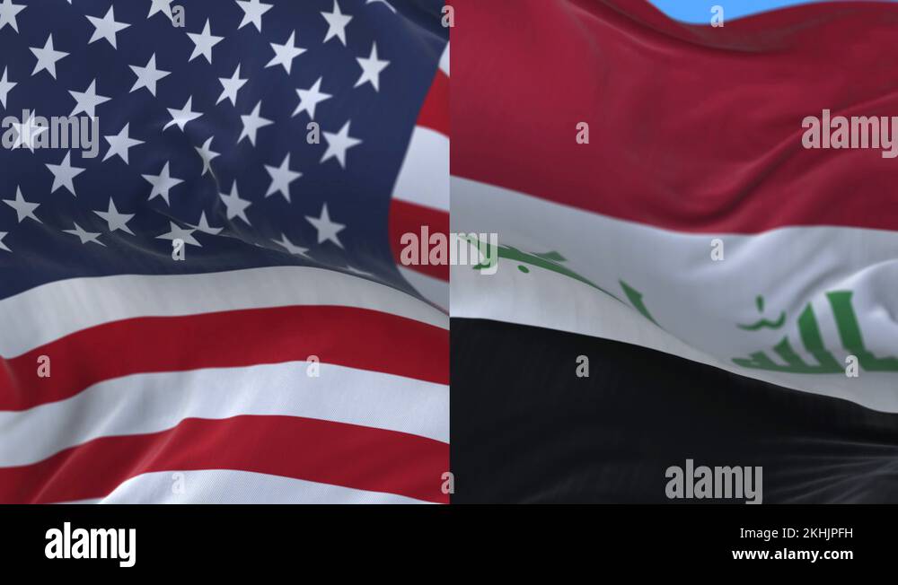 4k United States of America USA and Iraq National flag waving wind ...