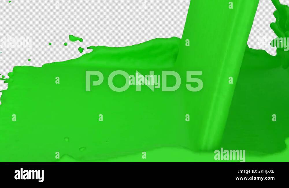 Animated side view of great amount of splashing green paint filling ...