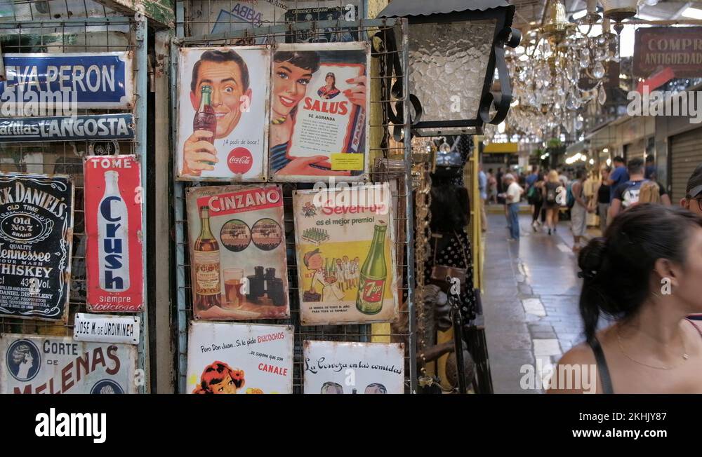 Vintage signs on display in a flea store of San Telmo Fair. JIB DOWN ...