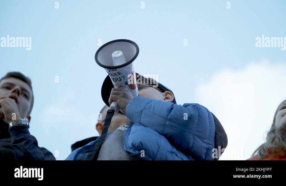 Teenage Boy Talking Through Megaphone at Climate Change Rally Stock ...