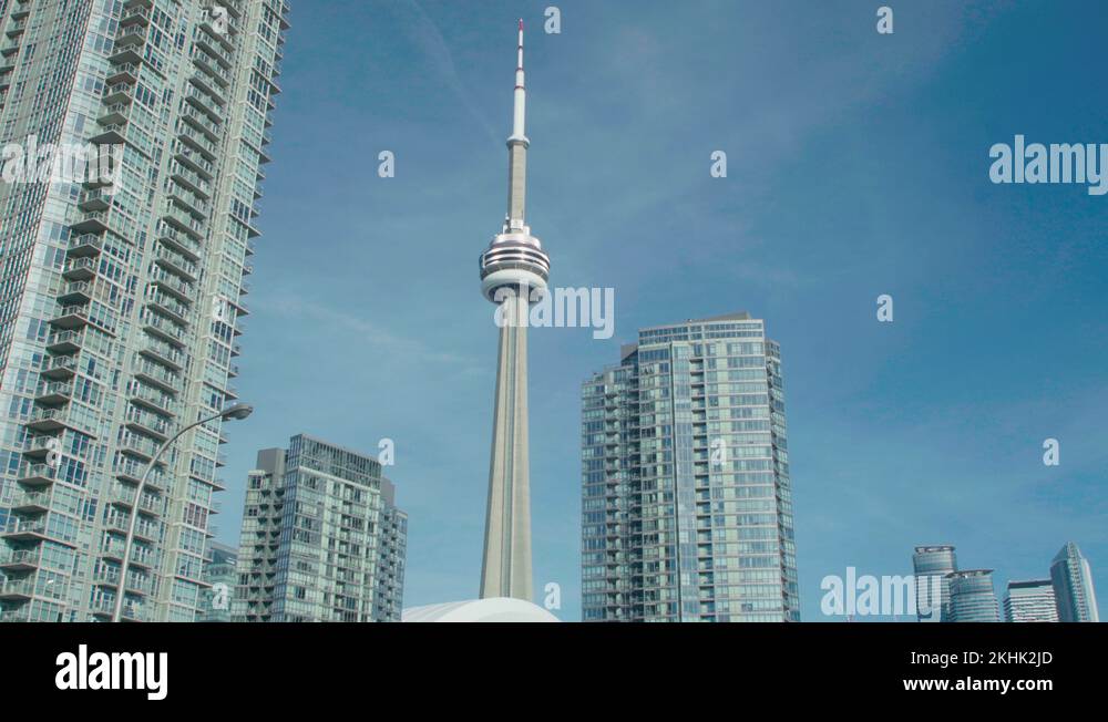 Driving through Toronto Downtown. 4K Business Center. CN Tower in ...