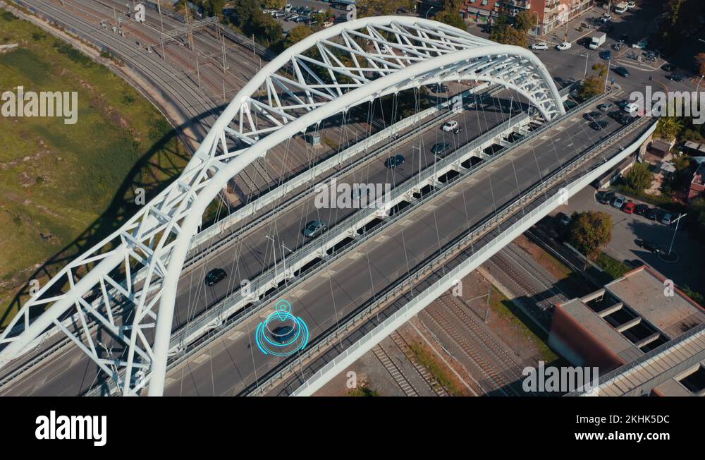 Autonomous Self Driving Car Concept. Aerial view of Electric car moving ...