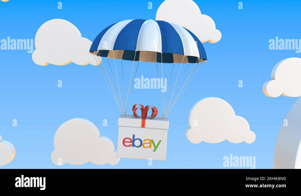 EBAY logo on moving box moves under parachute. Editorial loopable 3D ...