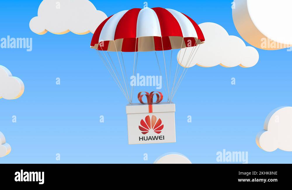 HUAWEI logo on moving box moves under parachute. Editorial loopable 3D ...