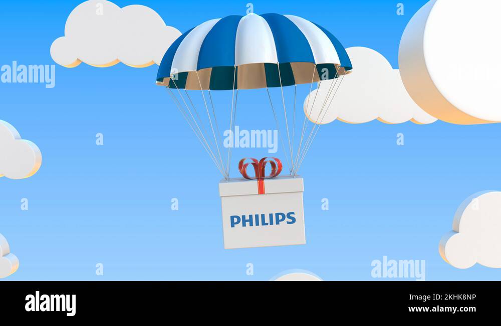 Box with PHILIPS logo falls with a parachute. Editorial loopable 3D ...