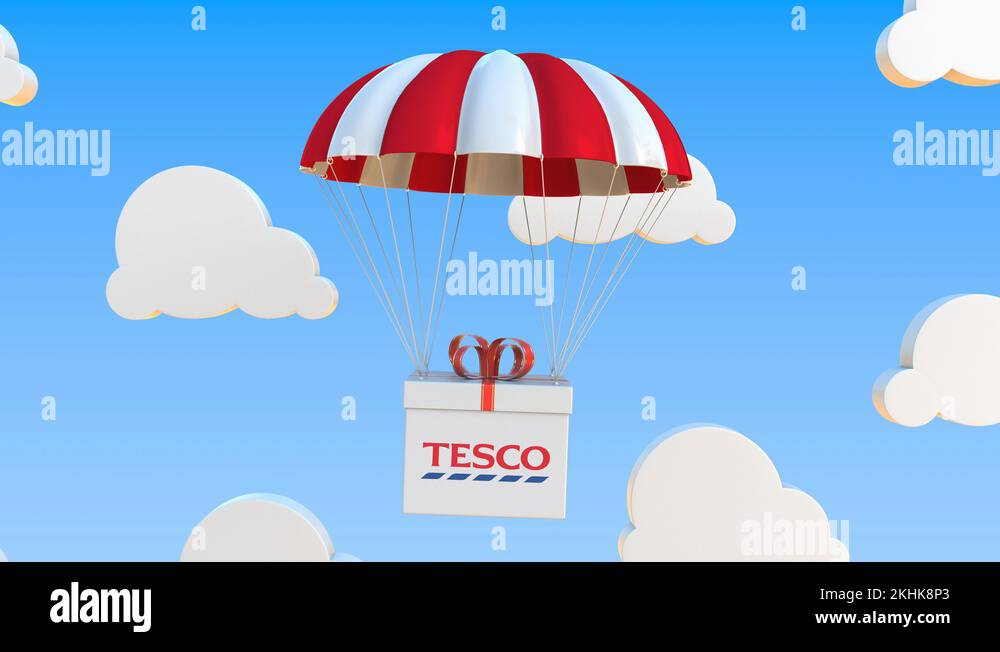TESCO logo on moving box moves under parachute. Editorial loopable 3D ...