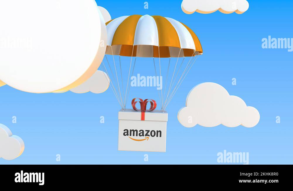 Box with AMAZON logo falls with a parachute. Editorial loopable 3D ...
