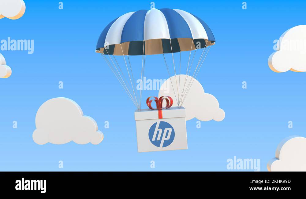 HP logo on moving Box moves under parachute. Editorial loopable 3D ...