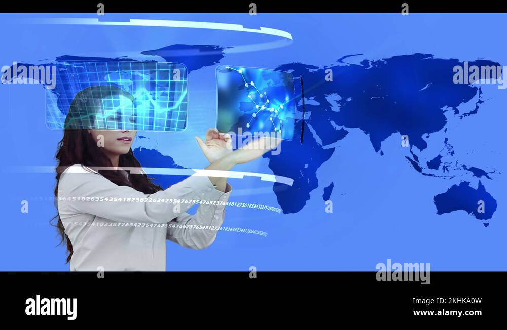 Woman searching through interactive media library on world map ...