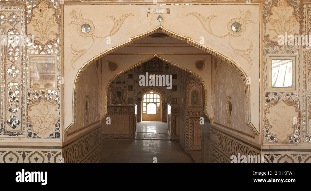 Interior of famous landmark Sheesh Mahal Mirror Palace. Inside Amer ...
