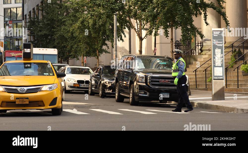 Traffic and yellow cabs of downtown Manhattan New York City USA Stock ...
