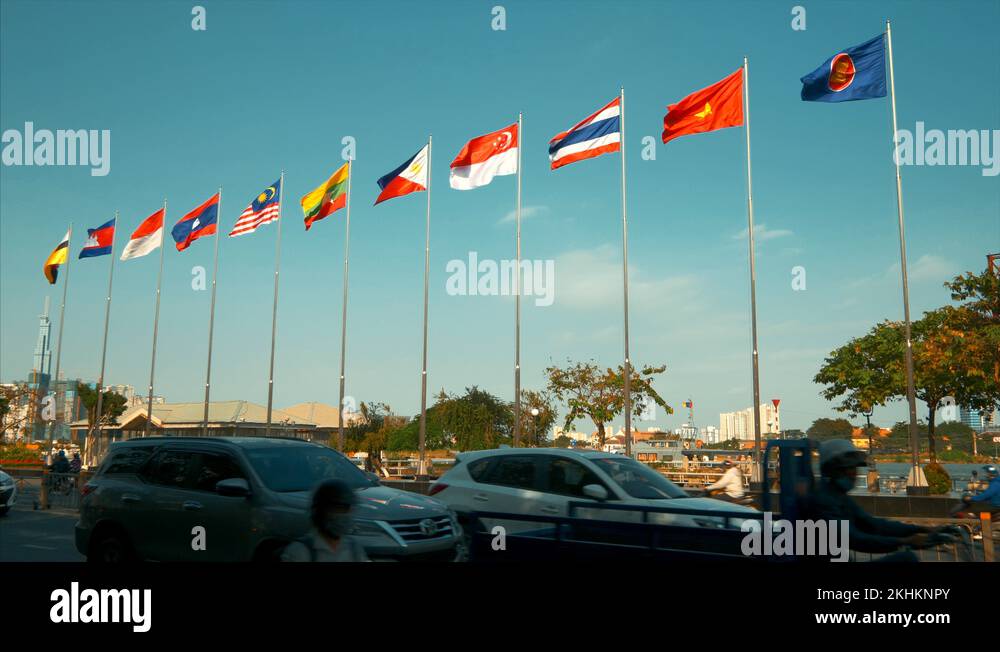 Waving Vietnamese and National Flags in Ho Chi Minh City, Vietnam Stock ...